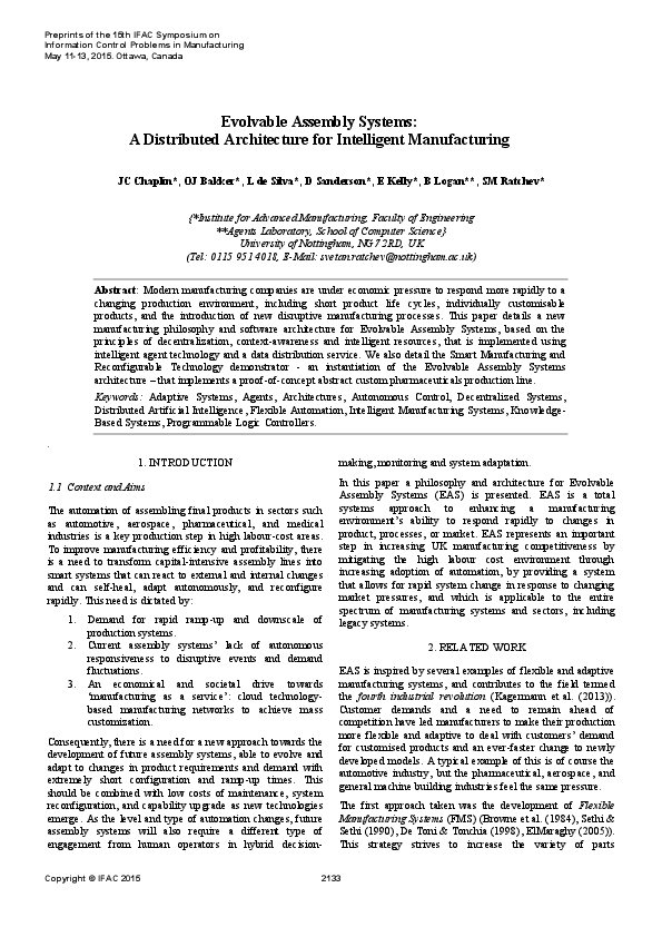 (PDF) Evolvable Assembly Systems : A Distributed Architecture for Intelligent Manufacturing