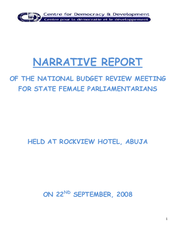 NARRATIVE REPORT OF THE NATIONAL BUDGET REVIEW MEETING FOR STATE FEMALE ...