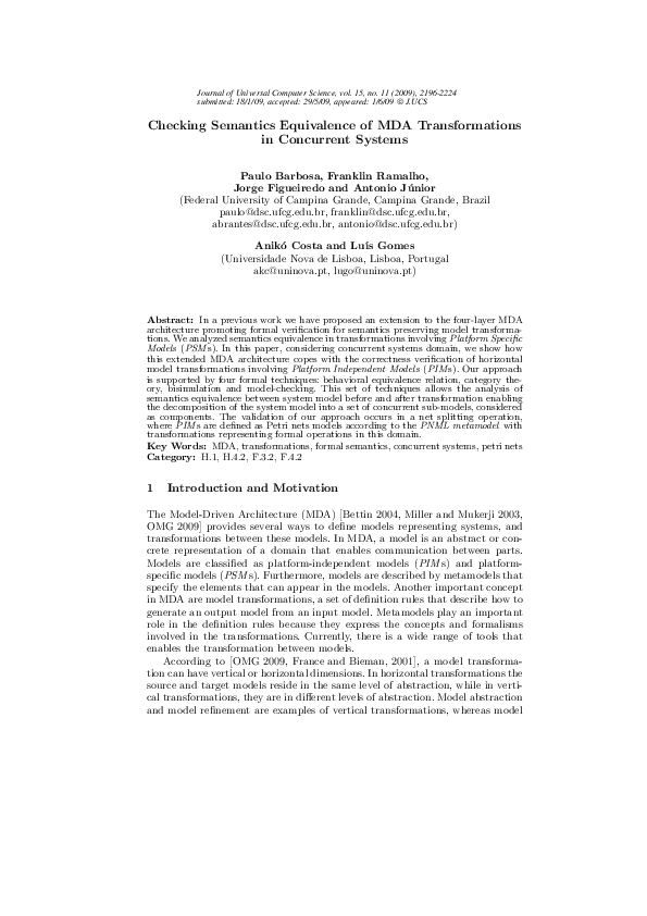(PDF) Checking semantics equivalence of mda transformations in concurrent systems