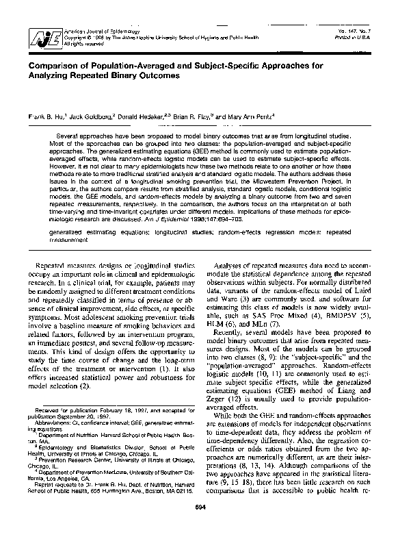 (PDF) Comparison of Population-Av eraged and Subject-Specific Approaches for Analyzing Repeated ...