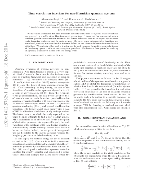 (PDF) Time correlation functions for non-Hermitian quantum systems