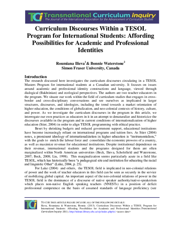 (PDF) Curriculum discourses within a TESOL program for international ...