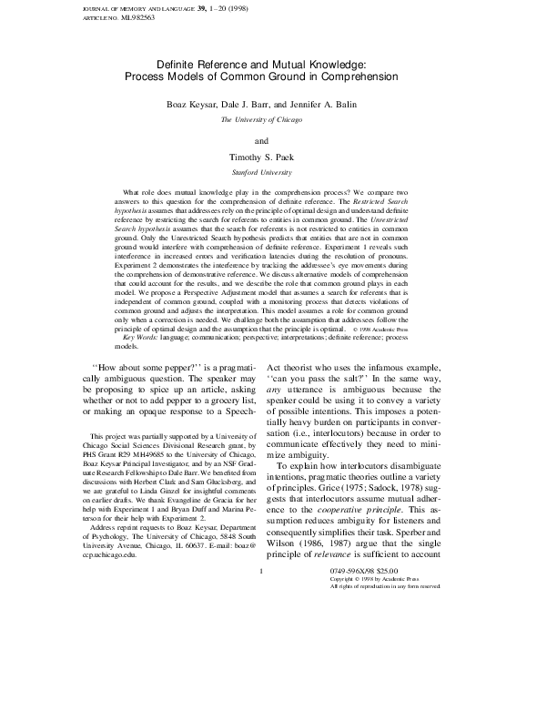 (PDF) Definite Reference and Mutual Knowledge: Process Models of Common ...