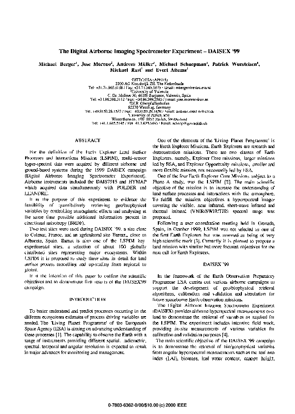 (PDF) The Digital Airborne Imaging Spectrometer Experiment-DAISEX '99