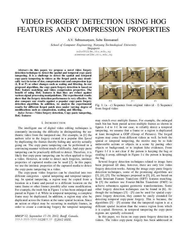 Pdf Video Forgery Detection Using Hog Features