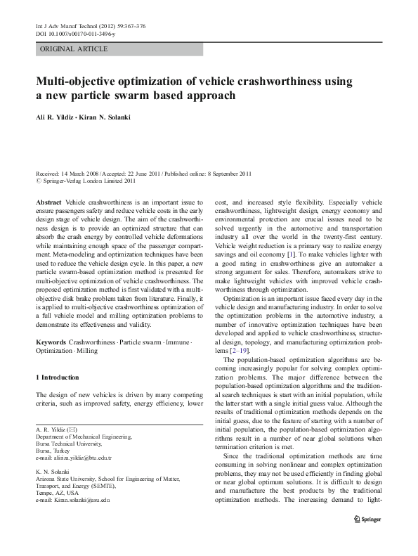 Pdf Multi Objective Optimization Of Vehicle Crashworthiness Using A