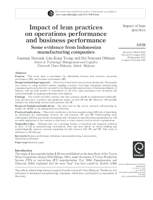 (PDF) Impact of lean practices on operations performance and business performance: some evidence ...