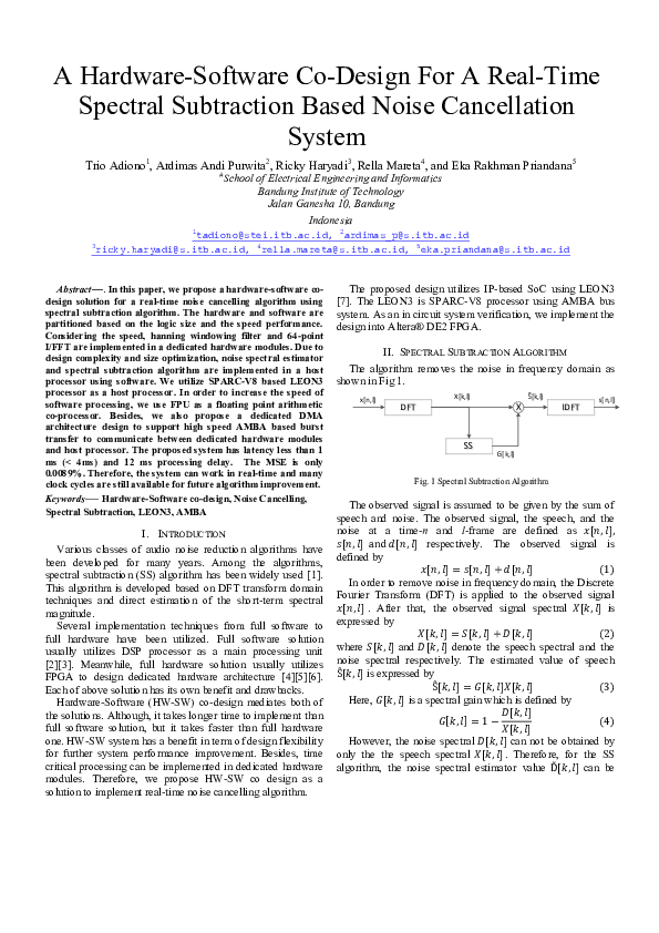 Pdf A Hardware Software Co Design For A Real Time Spectral Subtraction Based Noise