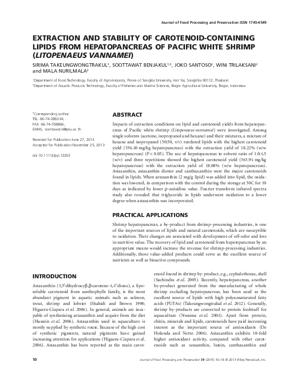 (PDF) EXTRACTION AND STABILITY OF CAROTENOID-CONTAINING LIPIDS FROM HEPATOPANCREAS OF PACIFIC ...