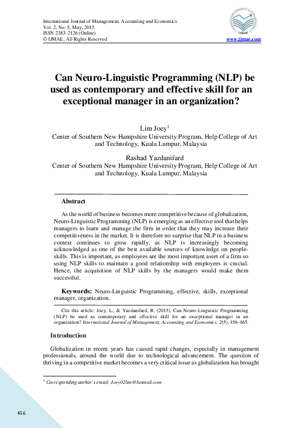 (PDF) Can Neuro-Linguistic Programming (NLP) be used as contemporary and effective skill for an ...