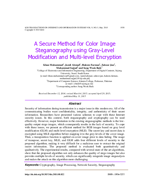 Pdf A Secure Method For Color Image Steganography Using Gray Level Modification And Multi
