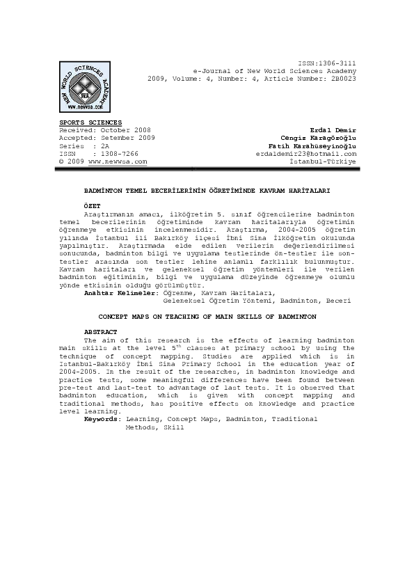 (PDF) CONCEPT MAPS ON TEACHING OF MAIN SKILLS OF BADMINTON