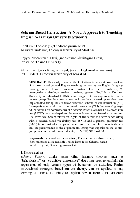 (PDF) Schema-Based Instruction: A Novel Approach to Teaching English to Iranian University Students