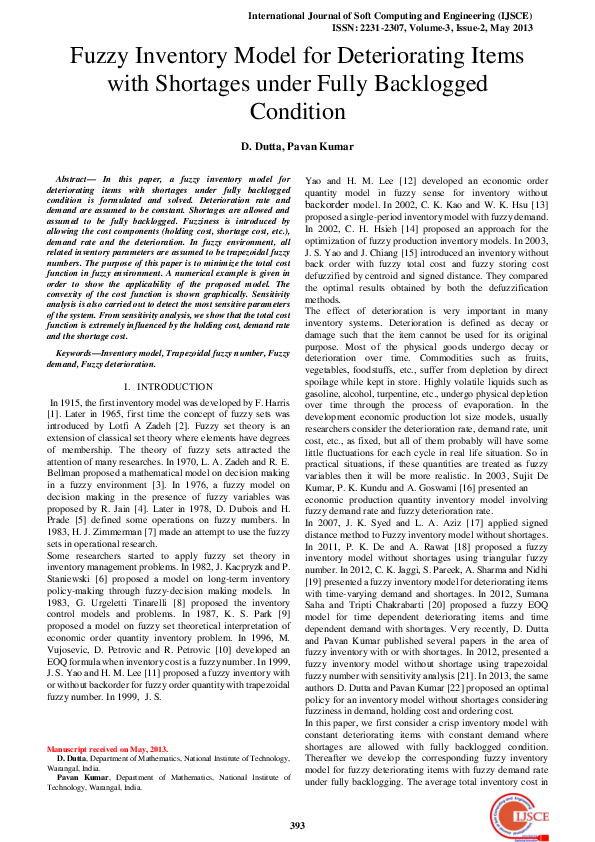 Pdf Fuzzy Inventory Model For Deteriorating Items With Shortages Under Fully Backlogged Condition