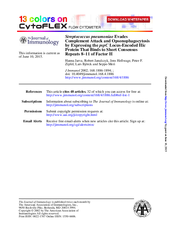 (PDF) Streptococcus pneumoniae Evades Complement Attack and Opsonophagocytosis by Expressing the ...