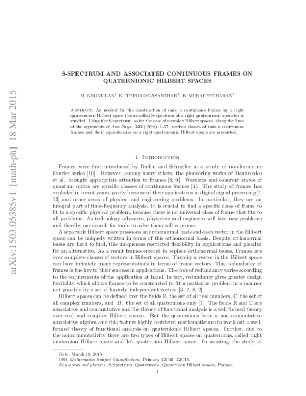 Pdf S Spectrum And Associated Continuous Frames On Quaternionic