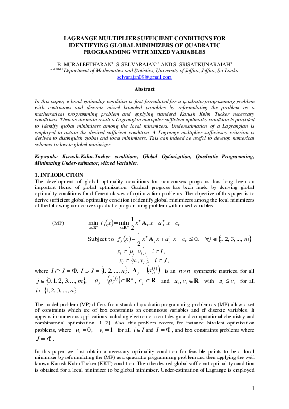 PDF Télécharger lagrange multiplier quadratic optimization Gratuit PDF | PDFprof.com