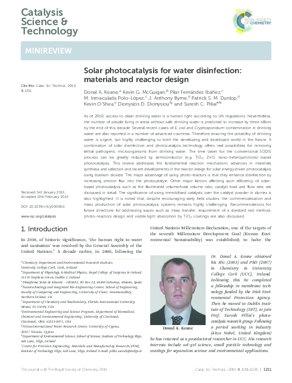 (PDF) Solar photocatalysis for water disinfection: materials and ...