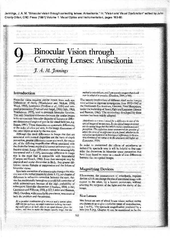 (PDF) JAM Jennings: Binocular Vision through Correcting Lenses: Aniseikonia