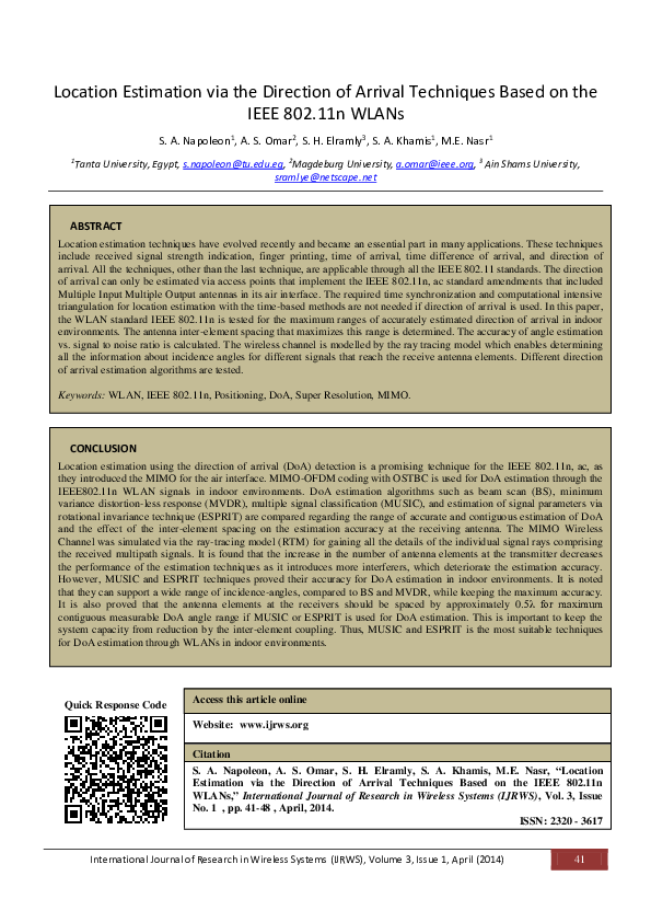 (PDF) Location Estimation via the Direction of Arrival Techniques Based on the IEEE 802.11n WLANs