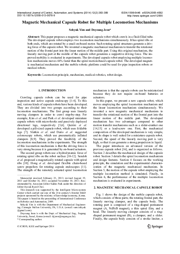 (PDF) Magnetic mechanical capsule robot for multiple locomotion mechanisms