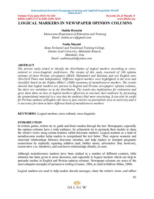 (PDF) Logical Markers in Newspaper Opinion Columns