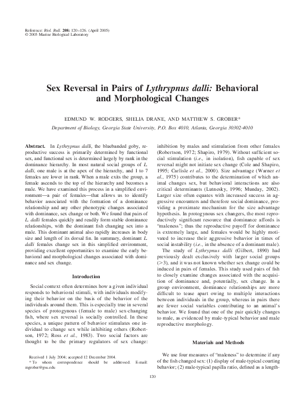 (PDF) Sex Reversal in Pairs of Lythrypnus dalli: Behavioral and ...