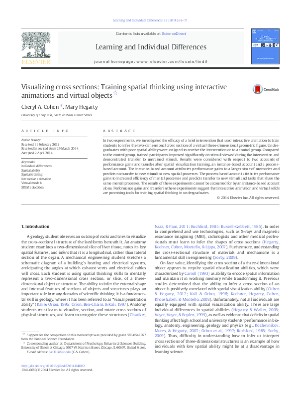Pdf Visualizing Cross Sections Training Spatial Thinking Using