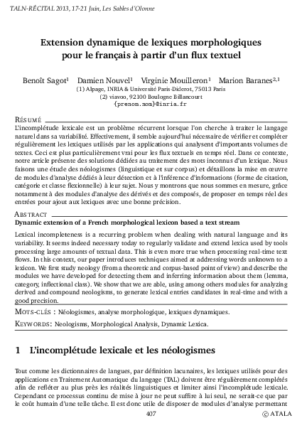 (PDF) Extension dynamique de lexiques morphologiques pour le français à ...