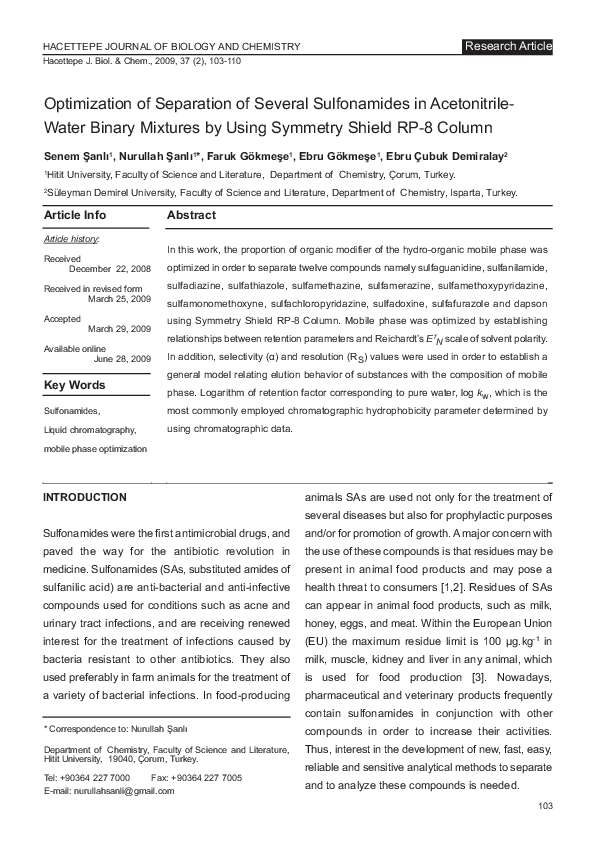 (PDF) Optimization of Seperation of Several Sulfonamides in Acetonitrile-Water Binary Mixtures ...