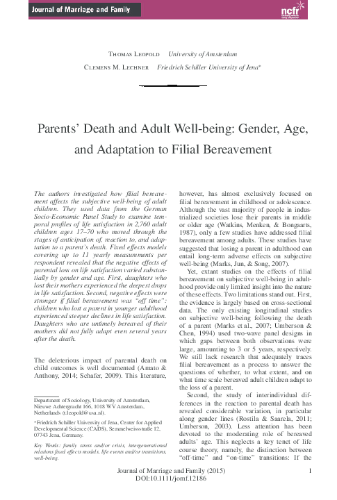 (PDF) Parents’ Death and Adult Well-being: Gender, Age, and Adaptation ...