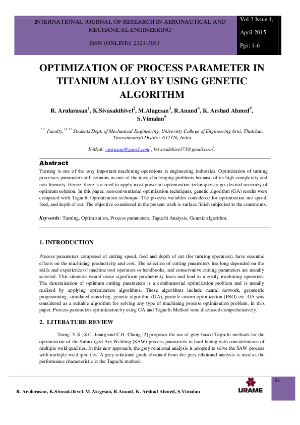 Pdf Optimization Of Process Parameter In Titanium Alloy By Using Genetic Algorithm