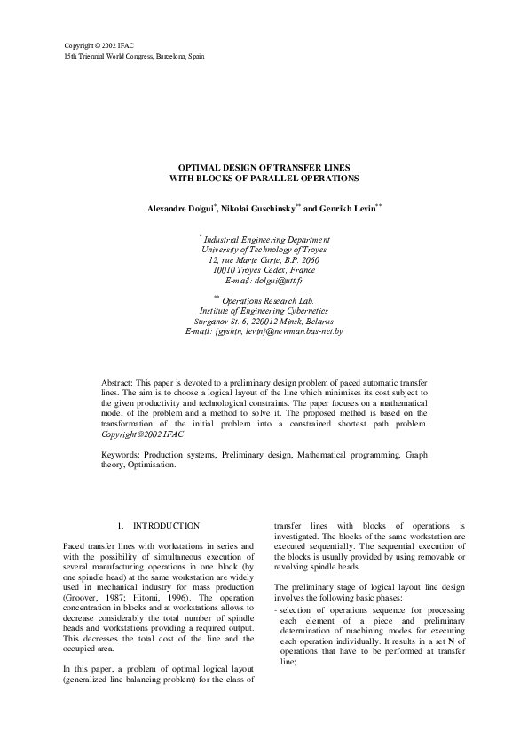 (PDF) Optimal design of transfer lines with blocks of parallel operations