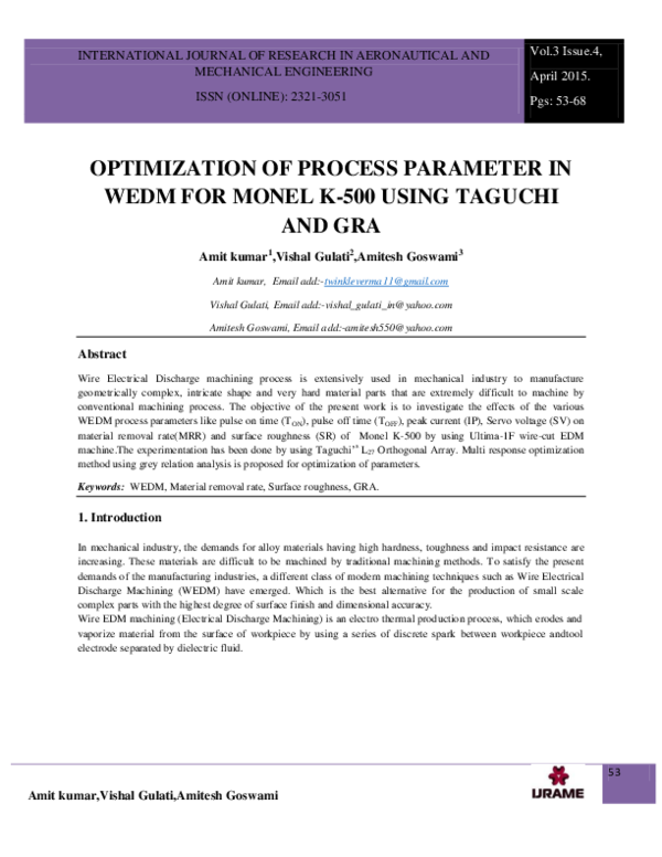 (PDF) OPTIMIZATION OF PROCESS PARAMETER IN WEDM FOR MONEL K-500 USING TAGUCHI AND GRA