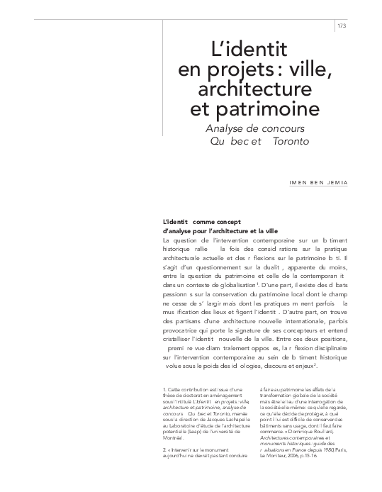 (PDF) L’identité en projets : Ville, architecture et patrimoine