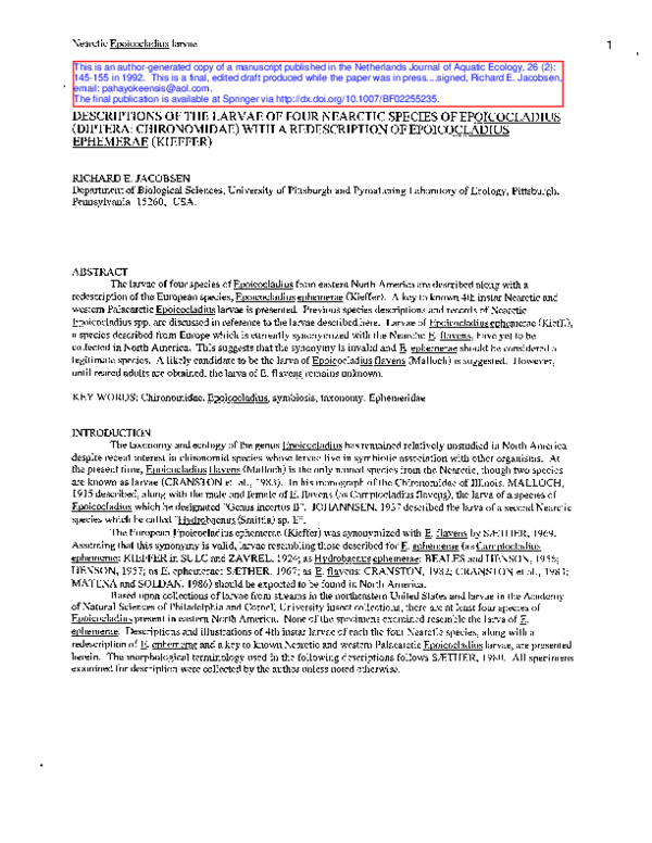 (PDF) DESCRIPTIONS OF THE LARVAE OF FOUR NEARCTIC SPECIES OF ...