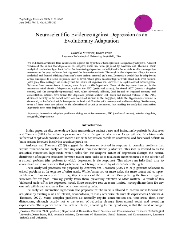 (DOC) Neuroscientific Evidence against Depression as an Evolutionary ...