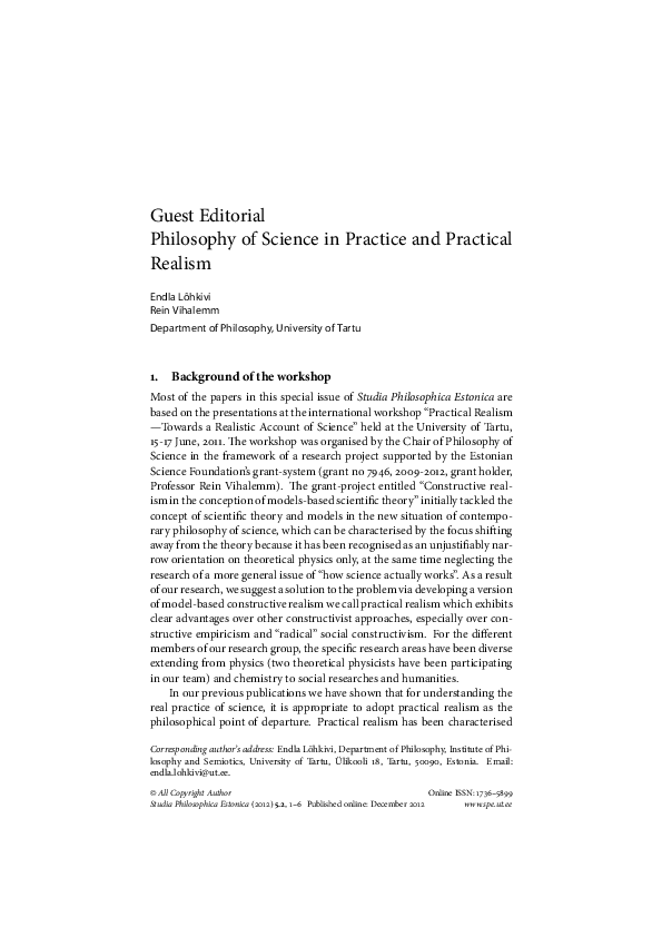 (PDF) Guest Editorial: Philosophy of Science in Practice and Practical ...