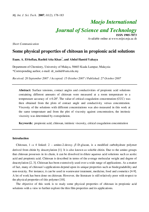 (PDF) Some physical properties of chitosan in propionic acid solutions