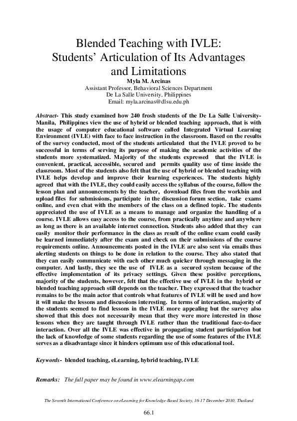 (PDF) Blended Teaching with IVLE: Students’ Articulation of Its ...