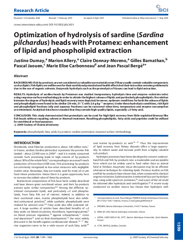 Optimization of hydrolysis of sardine ( Sardina pilchardus ) heads with Protamex: enhancement of ...