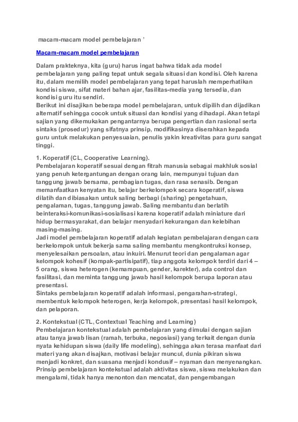 (DOC) macam-macam model pembelajaran ' Macam-macam model pembelajaran