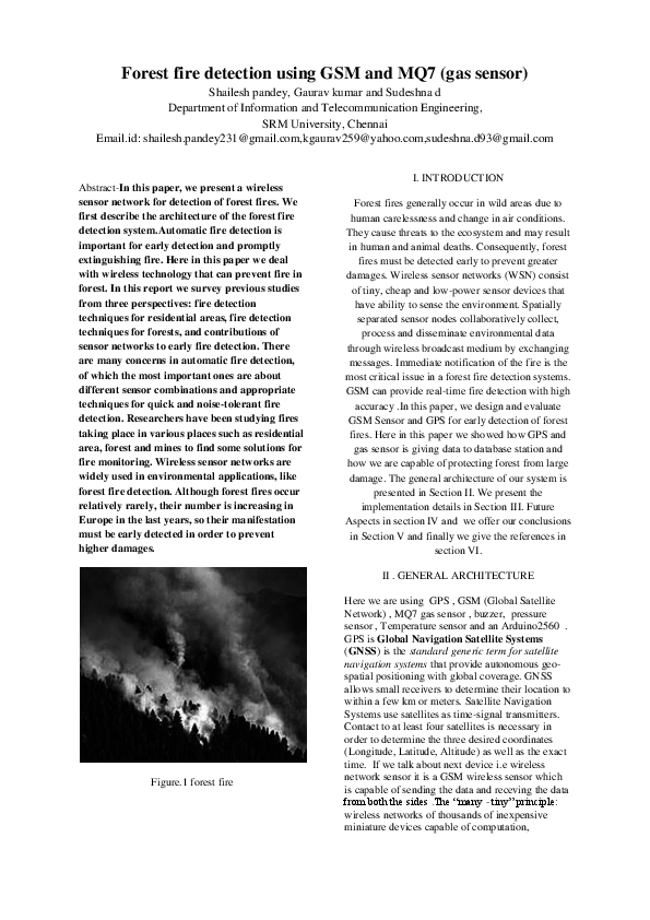 (PDF) Forest fire detection using GSM and MQ7