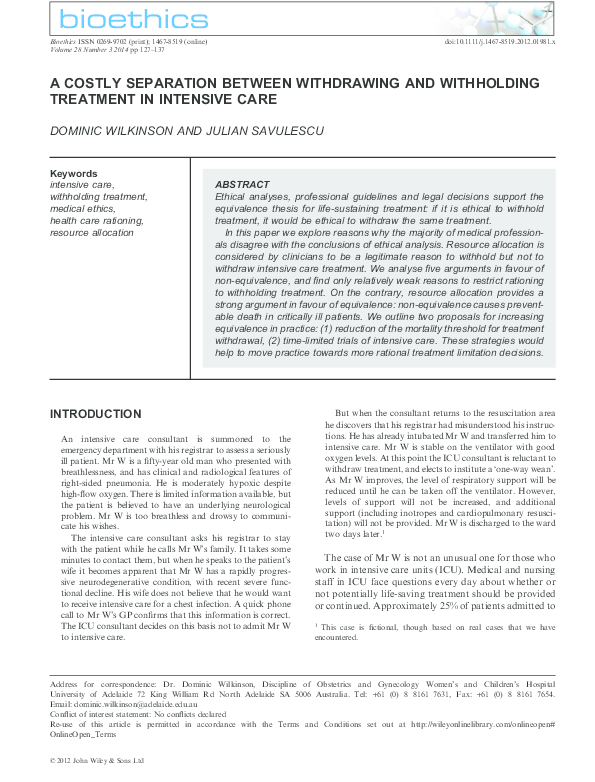(PDF) A COSTLY SEPARATION BETWEEN WITHDRAWING AND WITHHOLDING TREATMENT ...