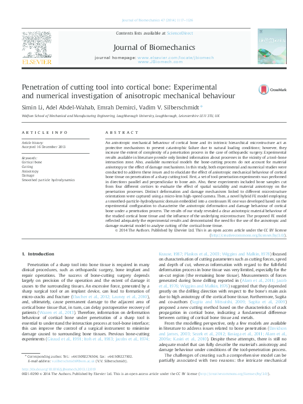 Pdf Penetration Of Cutting Tool Into Cortical Bone Experimental And
