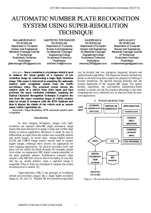 (PDF) AUTOMATIC NUMBER PLATE RECOGNITION SYSTEM USING SUPER-RESOLUTION TECHNIQUE