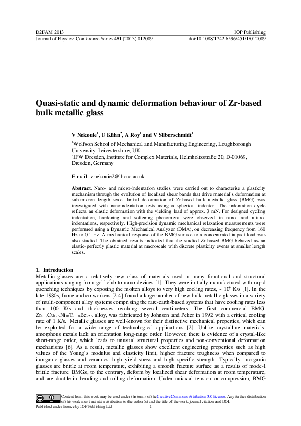 (PDF) Quasi-static and dynamic deformation behaviour of Zr-based bulk metallic glass