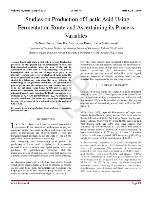 (PDF) Studies on Production of Lactic Acid Using Fermentation Route and ...
