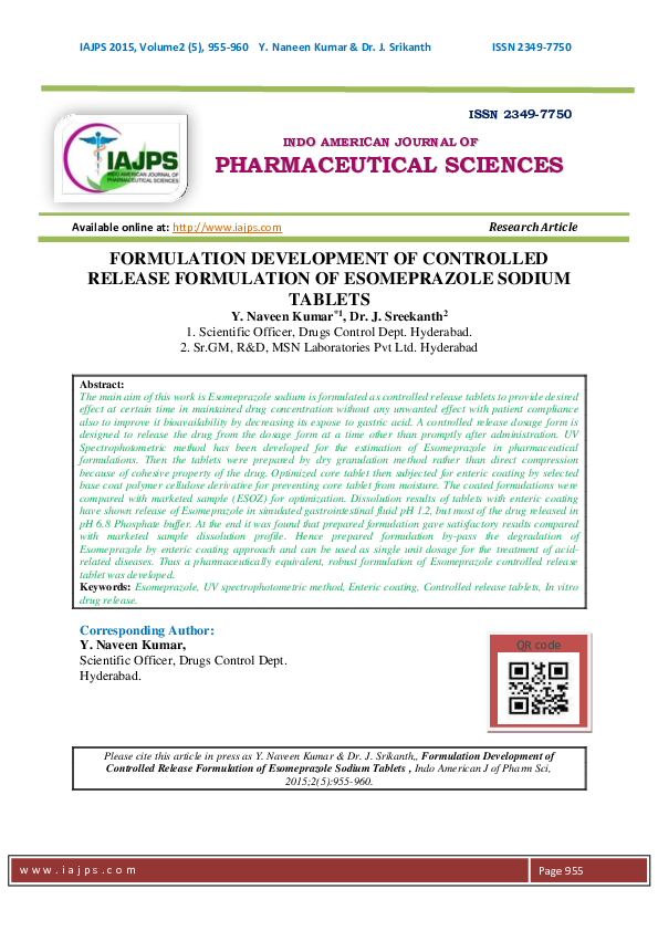 FORMULATION DEVELOPMENT OF CONTROLLED RELEASE FORMULATION OF ...