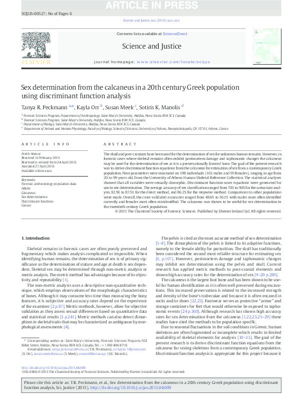 Pdf Sex Determination Fromthe Calcaneus In A 20th Century Greek Population Using Discriminant